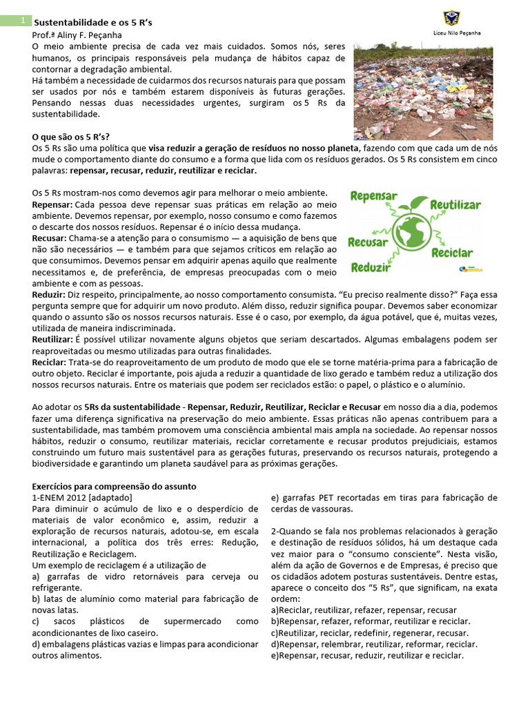 5 R's da Sustentabilidade Explicados | PDF | Reciclagem | Desperdício