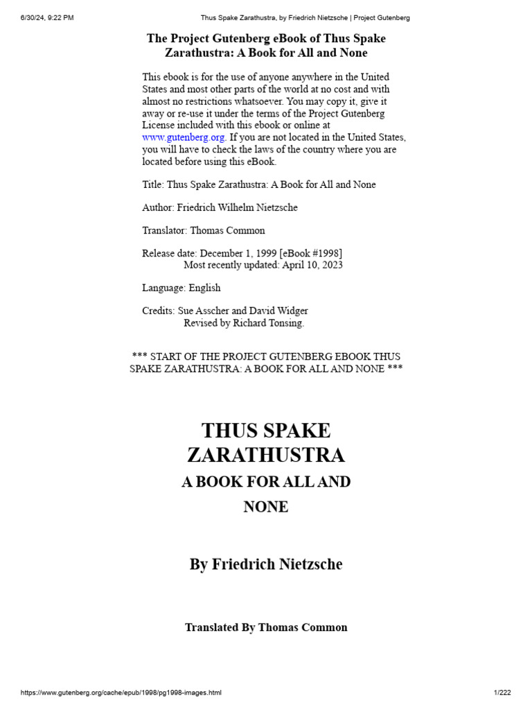 Thus Spake Zarathustra, by Friedrich Nietzsche - Project Gutenberg | PDF | Thus Spoke ...