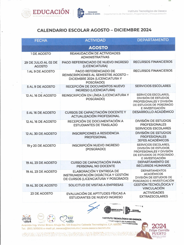 Calendario Agosto-Diciembre 2024 | PDF