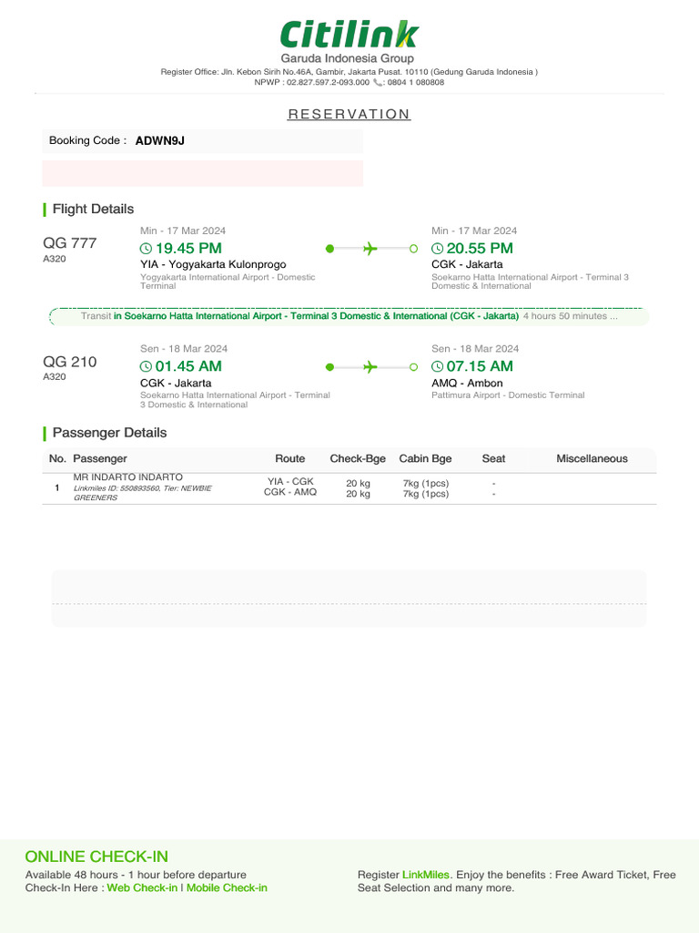 Citilink Flight Check-In Details | PDF | Transport | Aviation