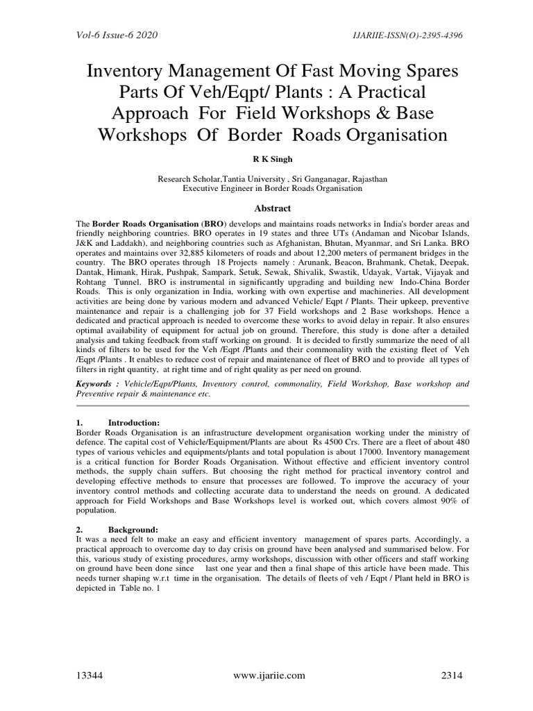 Inventory Management of Fast Moving Spares Parts of Veh Eqpt Plants A ...