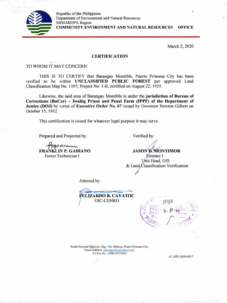 1 DENR Certifications On Iwahig Covered Lands Img20230323 | PDF
