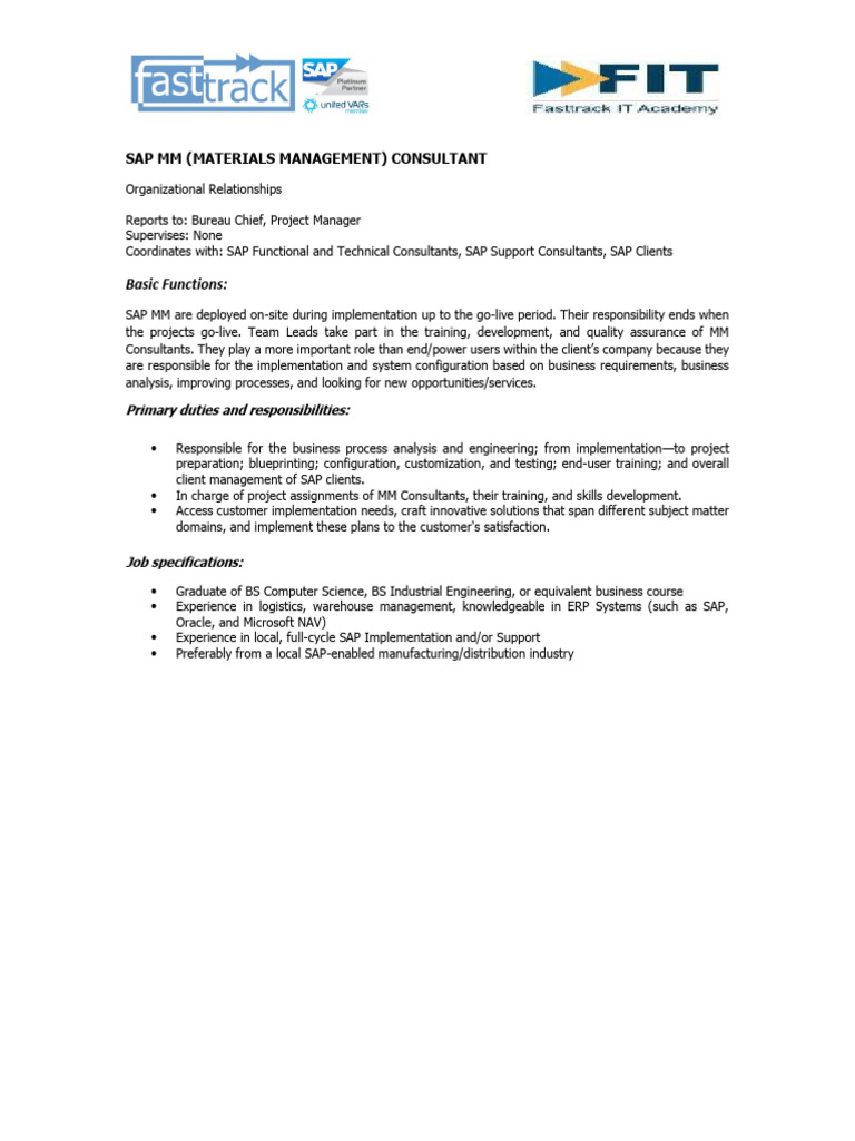 JD - Sap MM Consultant | PDF
