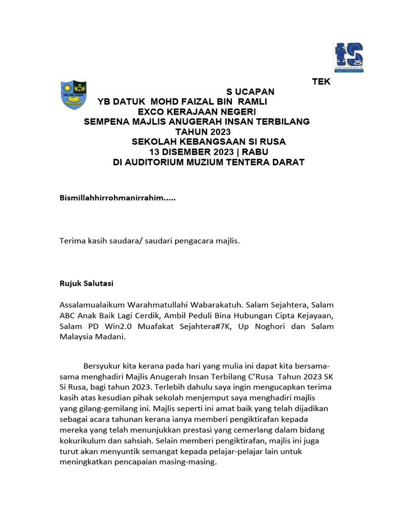 TEKS Kedua UCAPAN PERASMI MAJLIS ANUGERAH CEMERLANG | PDF TEKS Kedua UCAPAN PERASMI MAJLIS ANUGERAH CEMERLANG | PDF