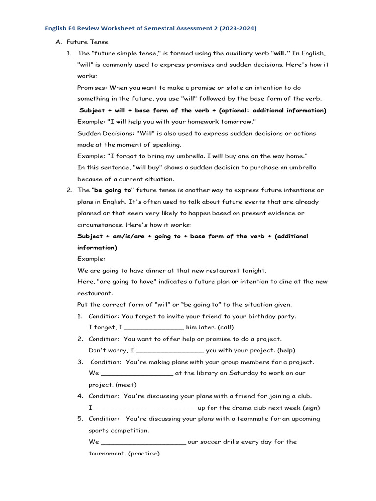 English E4 Future Tense Review Worksheet | PDF | Verb | Grammatical Tense