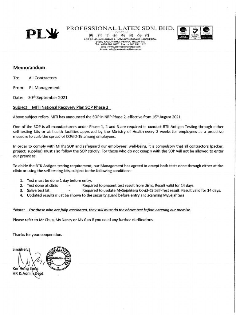 Memo On Swab Before Entering Plant | PDF
