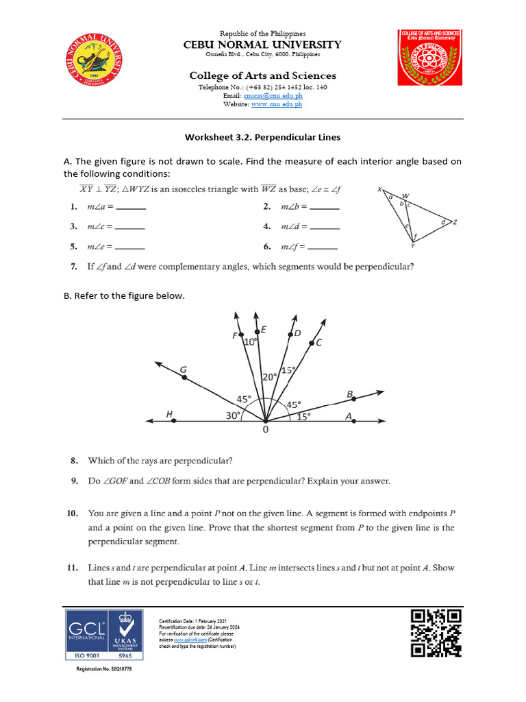 Template - Worksheet 3.2. Perpendicular Lines | PDF | Perpendicular | Angle