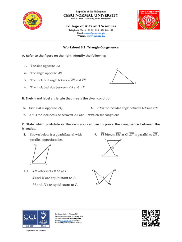 Template - Worksheet 3.1. Triangle Congruence | PDF | Triangle | Euclidean Plane Geometry