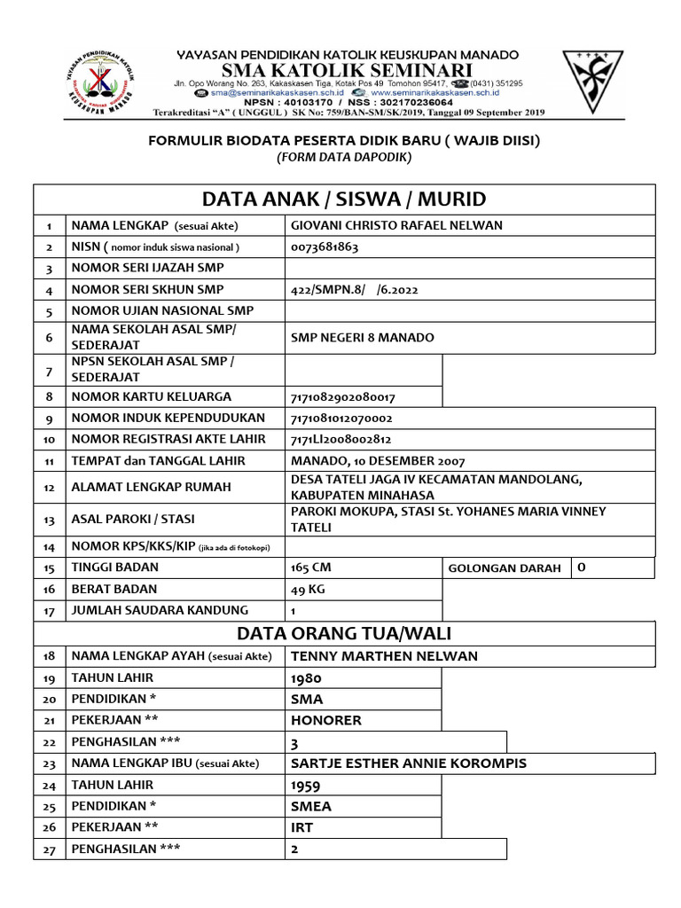 Formulir Dapodik Siswa Baru | PDF