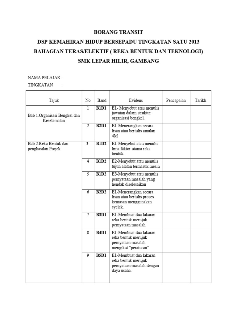 Borang Transit KHB F1 Pbs2013 | PDF