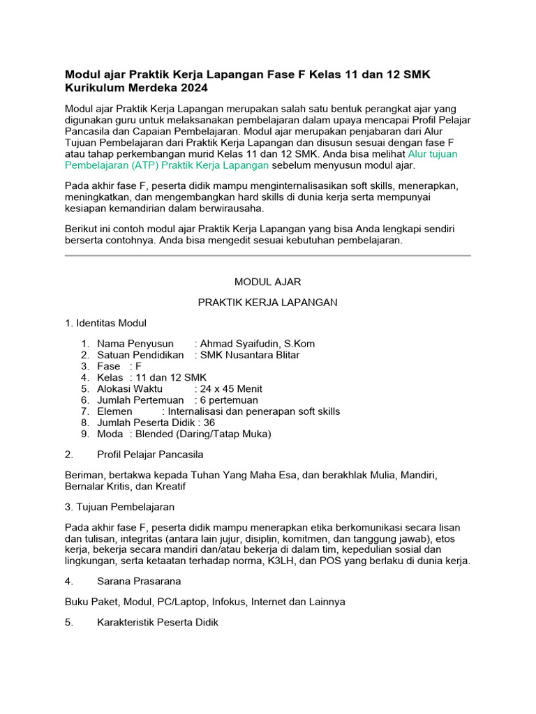Modul Ajar Praktik Kerja Lapangan Fase F Kelas 11 Dan 12 SMK Kurikulum Merdeka 2024 | PDF
