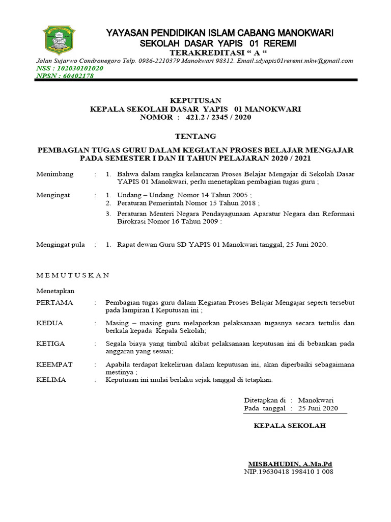 SK Pembagian Tugas 2020-2021 | PDF
