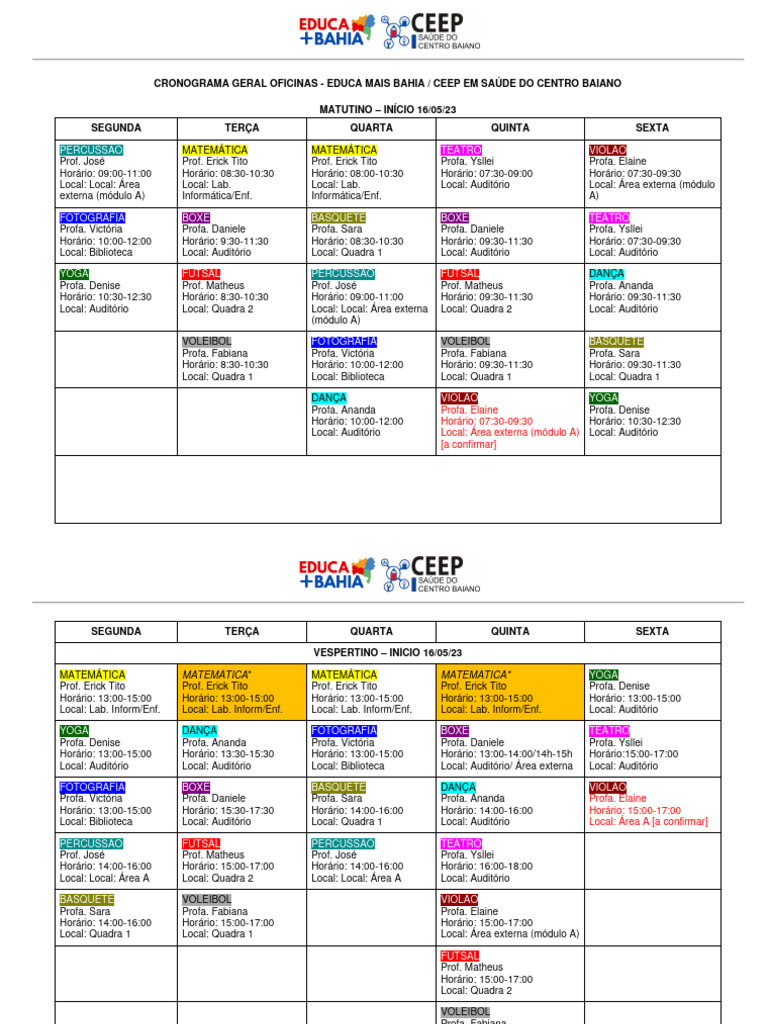 Cronograma Geral Oficinas - Educa Mais Bahia - Ceep em Saúde Do Centro Baiano | PDF