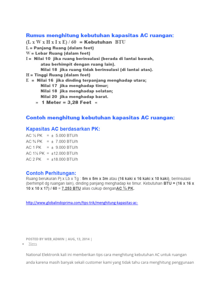 Rumus Menghitung Kebutuhan Kapasitas AC Ruangan | PDF