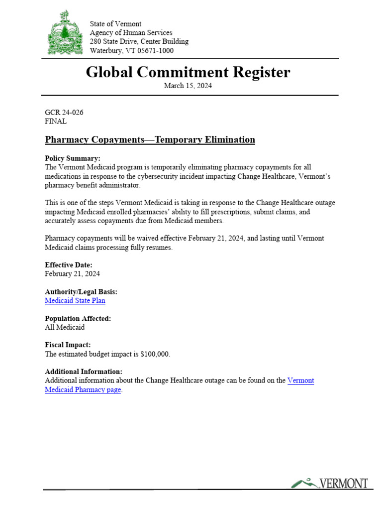 Vermont Medicaid Pharmacy Copayment Waiver | PDF