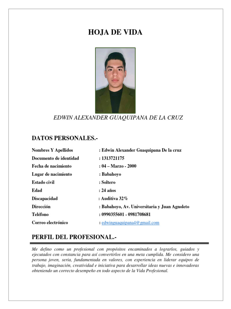 Hoja de Vida Lcdo Edwin Alexander Guaquipana de La Cruz | PDF | Business