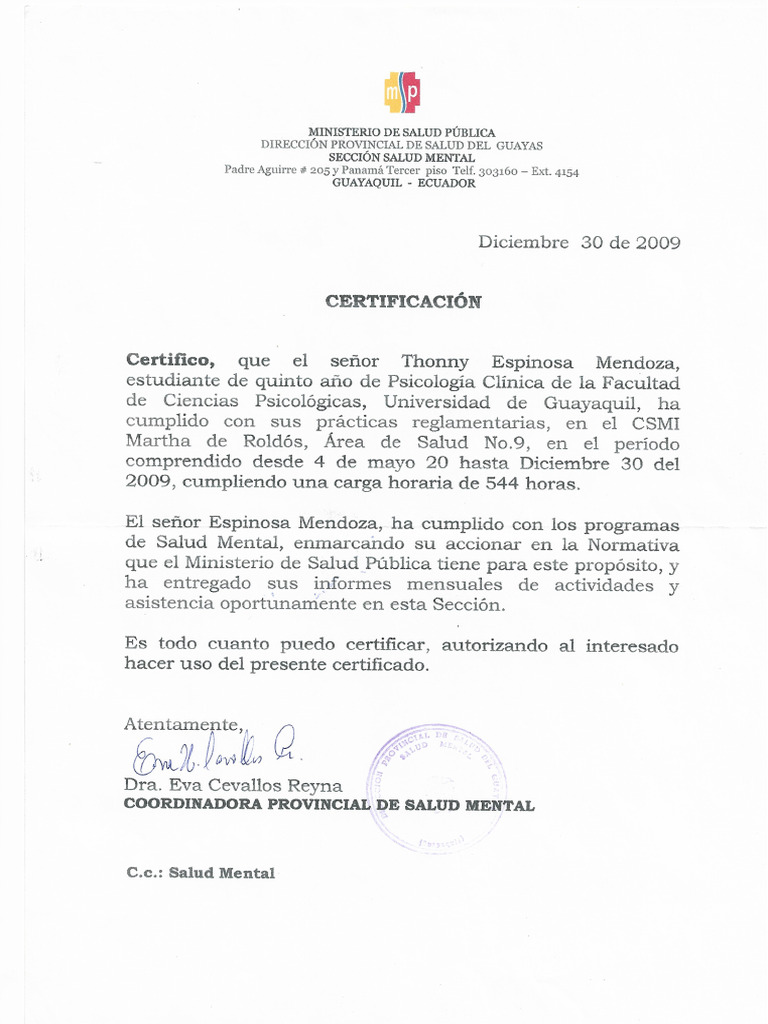 Certificado Practicas Pre Profesionales MSP | PDF