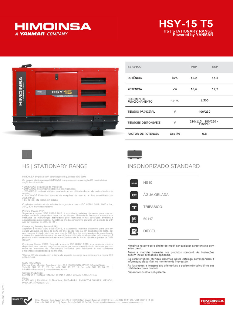 Generator Set Data Sheet Hsy 15 t5 Soundproof Portuguese | PDF | Potência (Física) | Quantidades ...