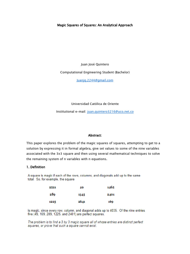 Magic Squares of Squares: An Analytical Approach | PDF