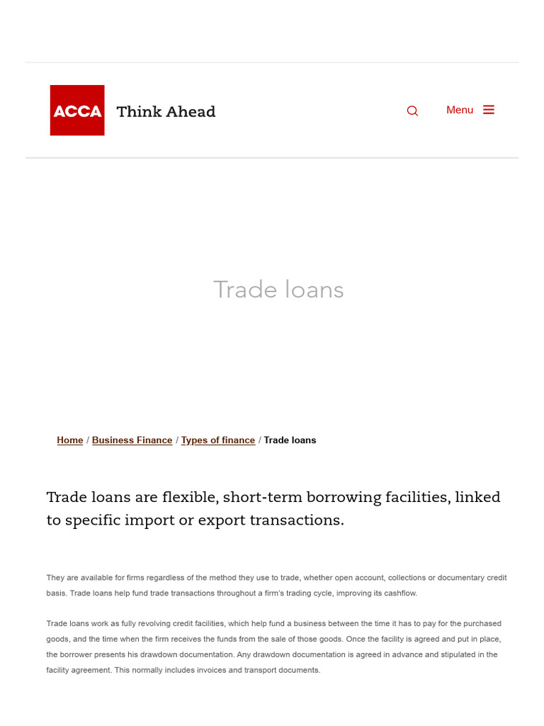 Trade Loans - Types of Finance - Business Finance - ACCA - ACCA Global ...