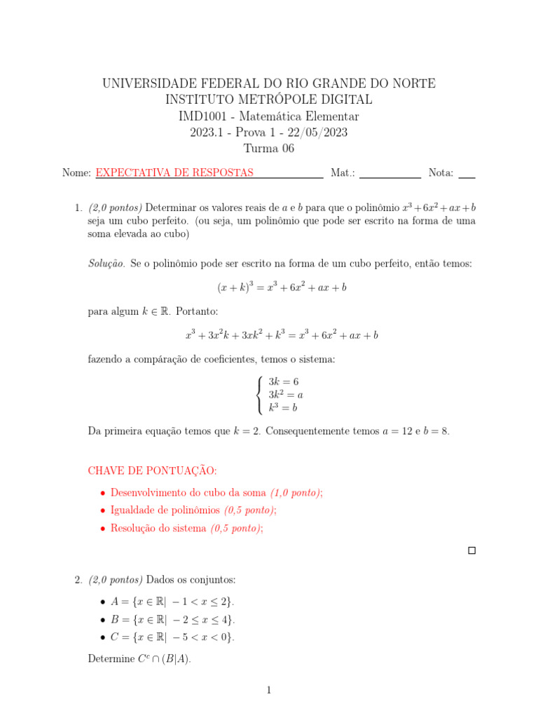 ME 2023 1 Modelo de Prova UFRN-22 | PDF | Equações | Matemática aplicada