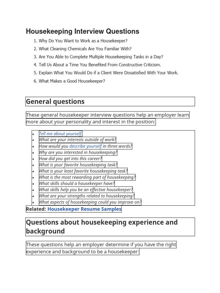 Housekeeping Interview Questions | PDF | Housekeeping | Experience