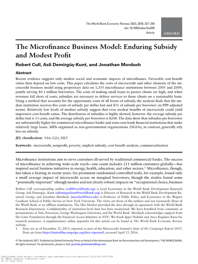 The Microfinance Business Model Enduring Subsidy and Modest Profit ...