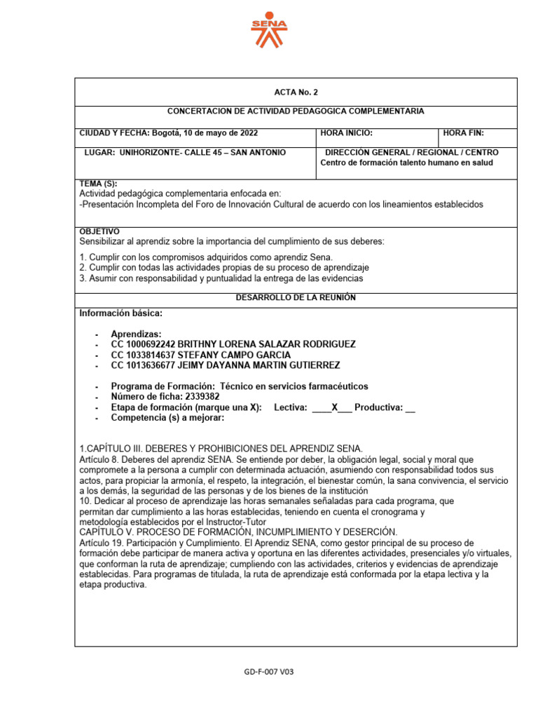 Acta 2 Actividad Complementaria No 8 LS, DM, SC | PDF | Aprendizaje