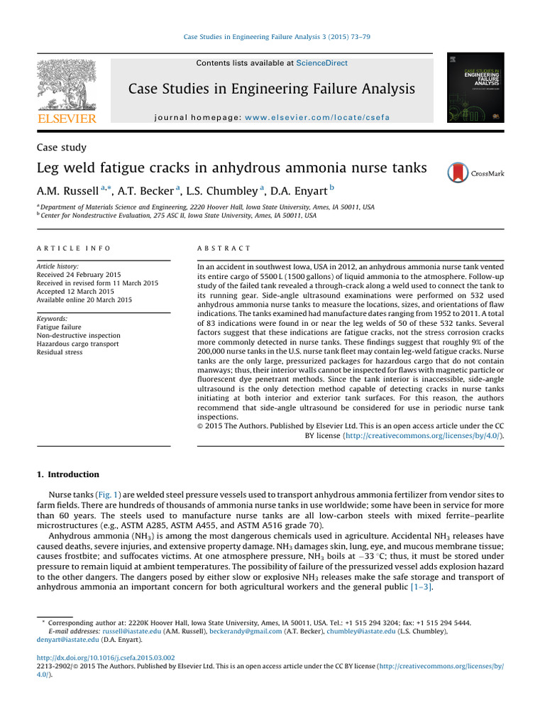 Leg Weld Fatigue Cracks in Anhydrous Ammonia Nurse Tanks - 2015 - Case Studies in Engineering ...