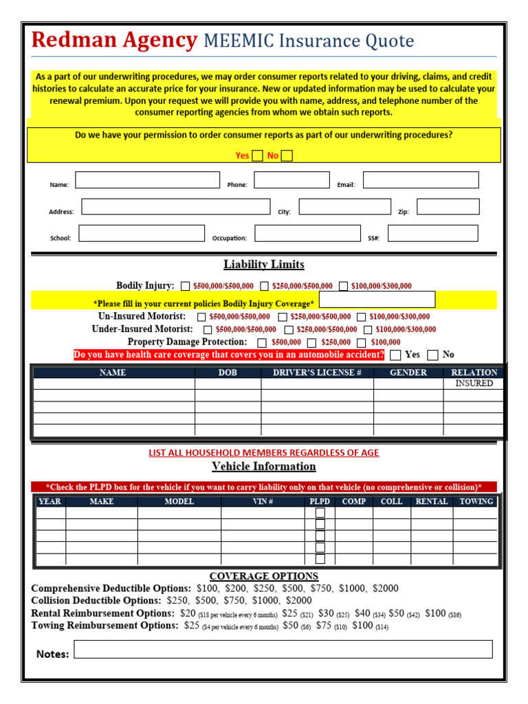 Meemic Auto Quote Form | PDF | Insurance | Vehicle Insurance
