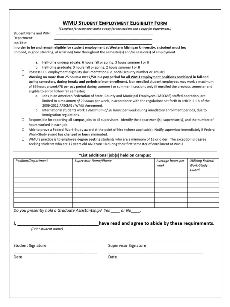 WMU Student Employment Eligibility Form | PDF | Employment | Labor