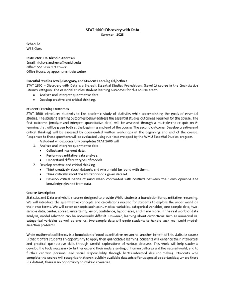 STAT 1600 Summer I 2023 Online Syllabus | PDF | Data | Statistics
