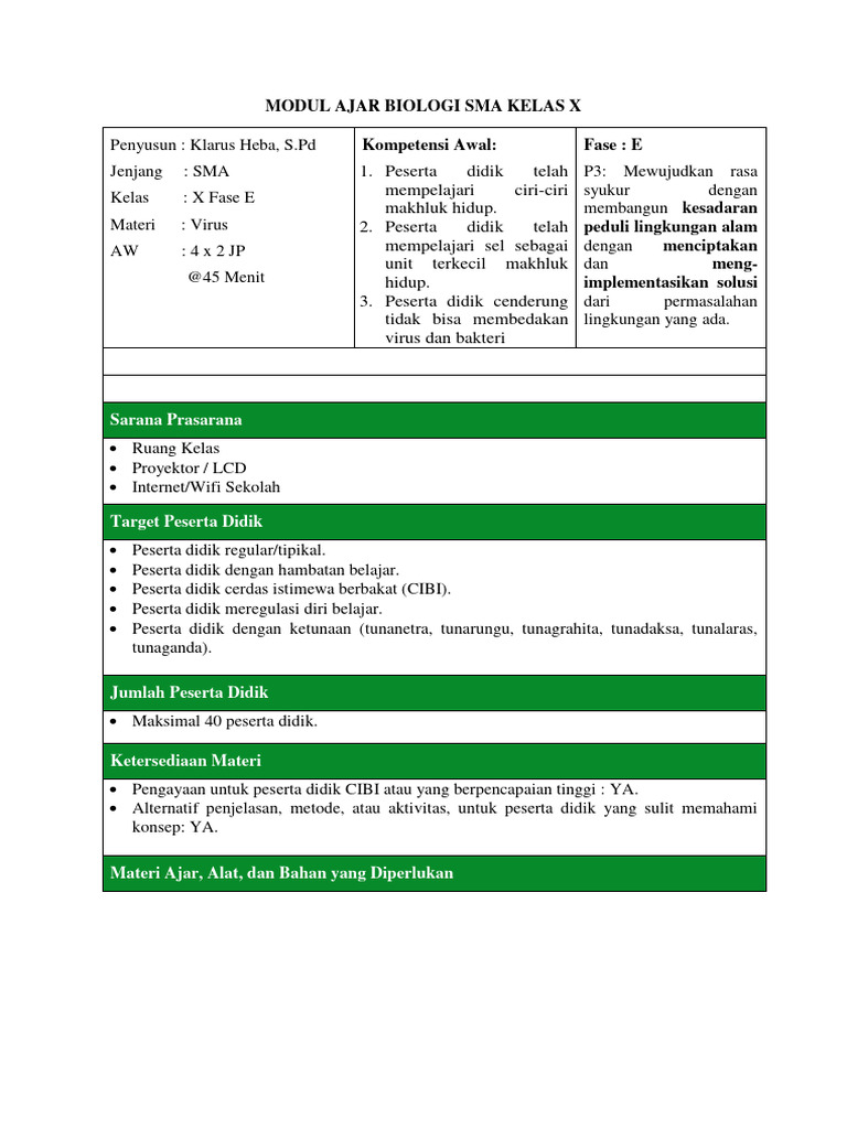 MODUL AJAR VIRUS Dan Kehati SMA KELAS X | PDF