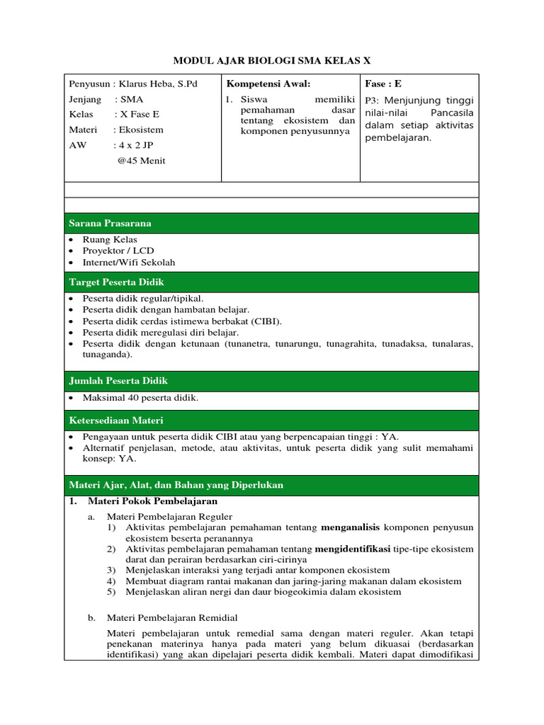 Modul Ajar Ekosistem Biologi Sma Kelas X | PDF