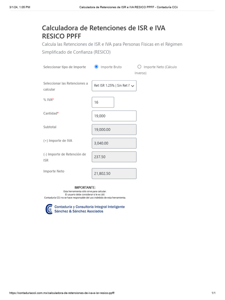 Calculadora de Retenciones de ISR e IVA RESICO PPFF - Contaduría CCii | PDF