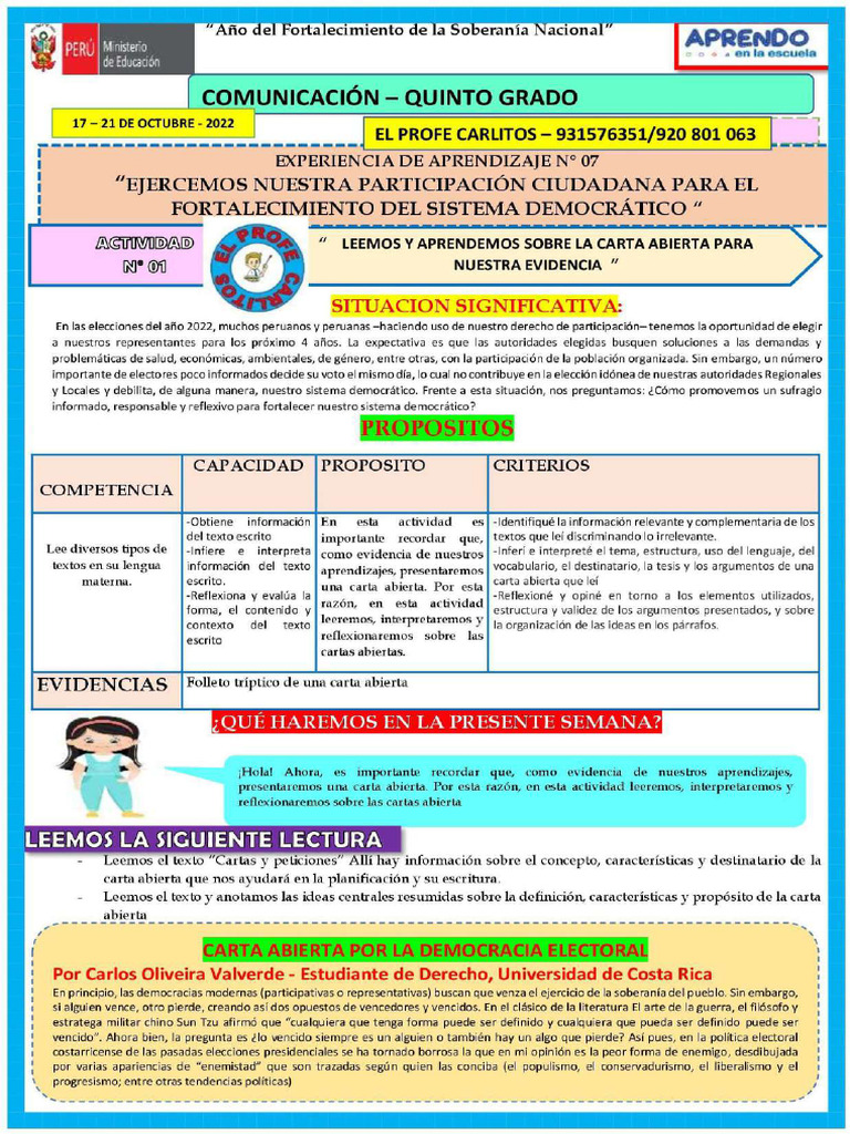 Experiencia de Aprendizaje #07 - Actividad #01 - 5to Grado - Comunicacion - 00001 | PDF