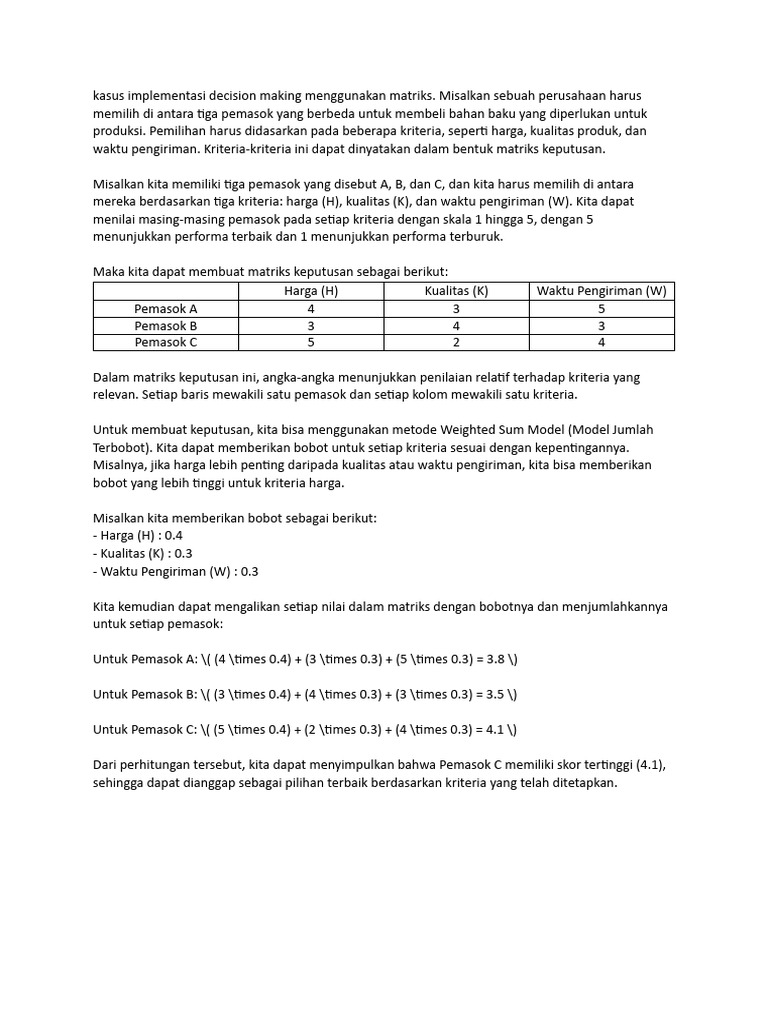 Kasus Implementasi Decision Making Menggunakan Matriks | PDF