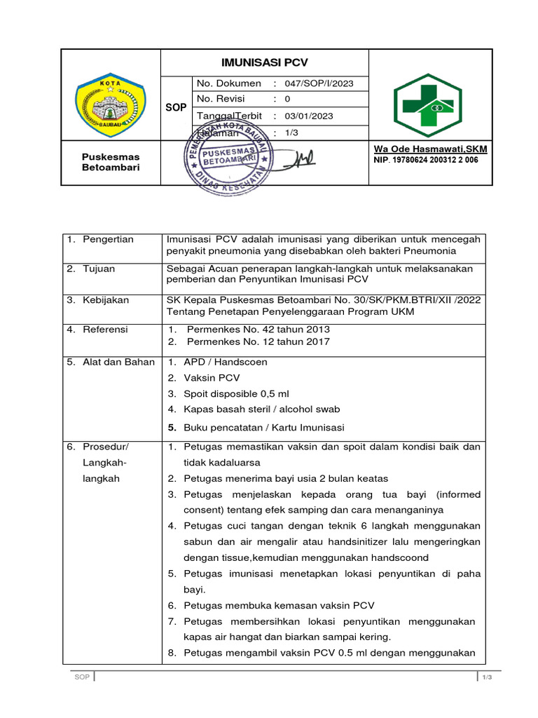 Sop Imunisasi PCV | PDF