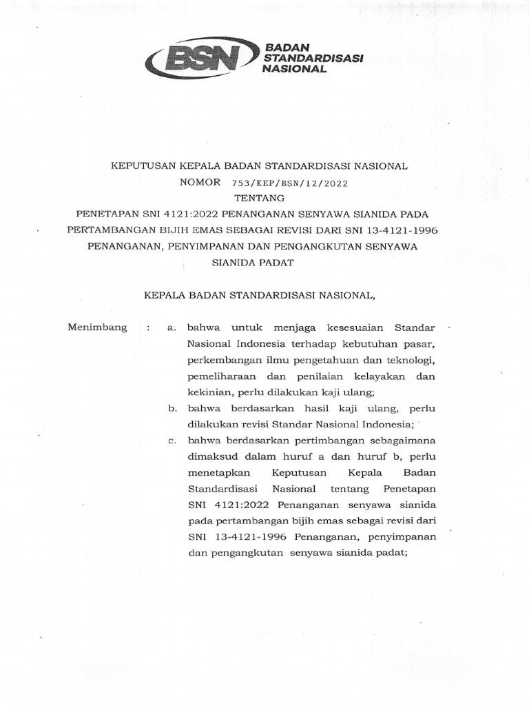 SNI 4121:2022 Penanganan Sianida Emas | PDF
