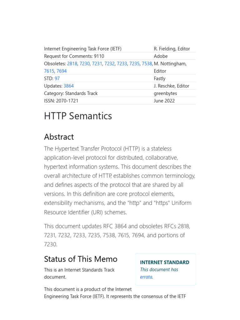 RFC 9110 - HTTP Semantics | PDF | Uniform Resource Identifier | Port (Computer Networking)
