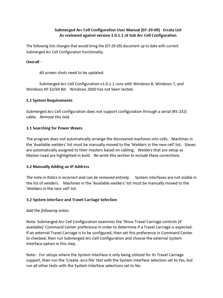 Submerged Arc Cell Configuration User Manual - Corrections | PDF | Welding | Construction