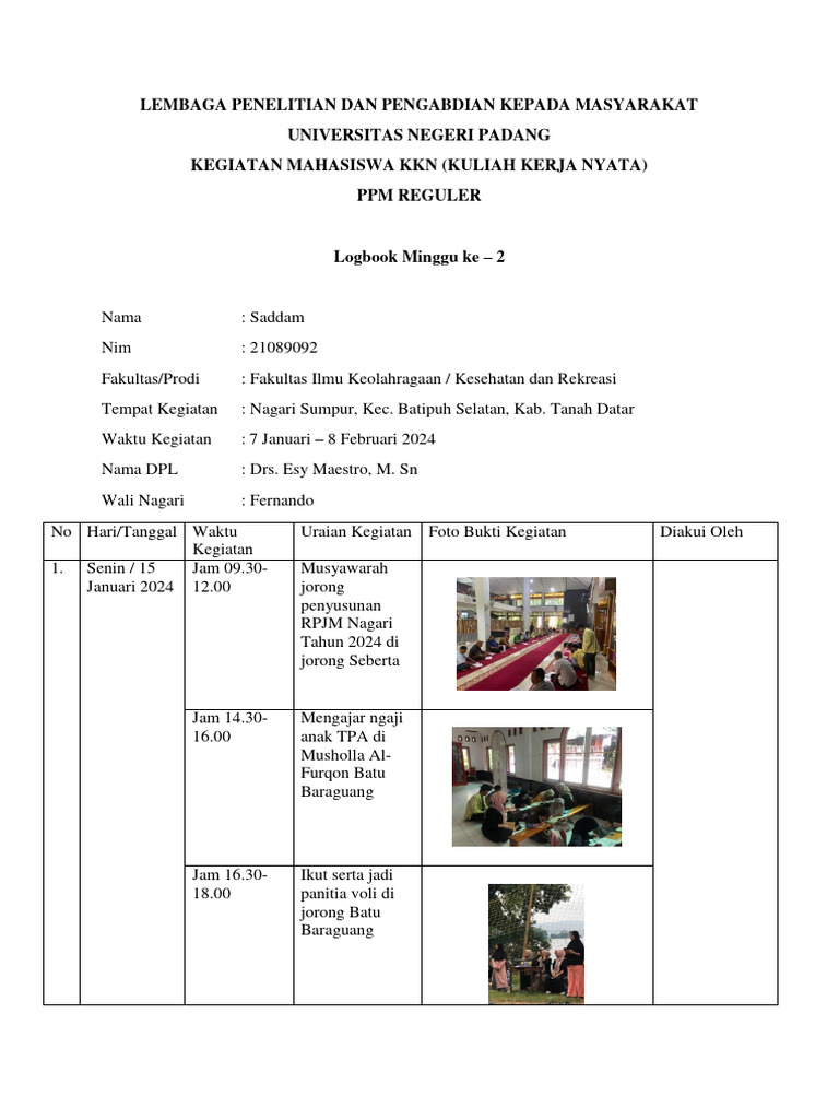 Logbook Kegiatan KKN Minggu ke-2 | PDF