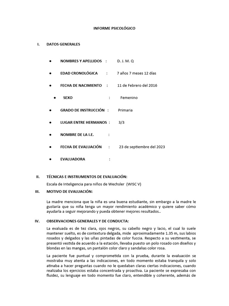 Informe Psicológico Wisc V Final | PDF | Cociente de inteligencia | Memoria