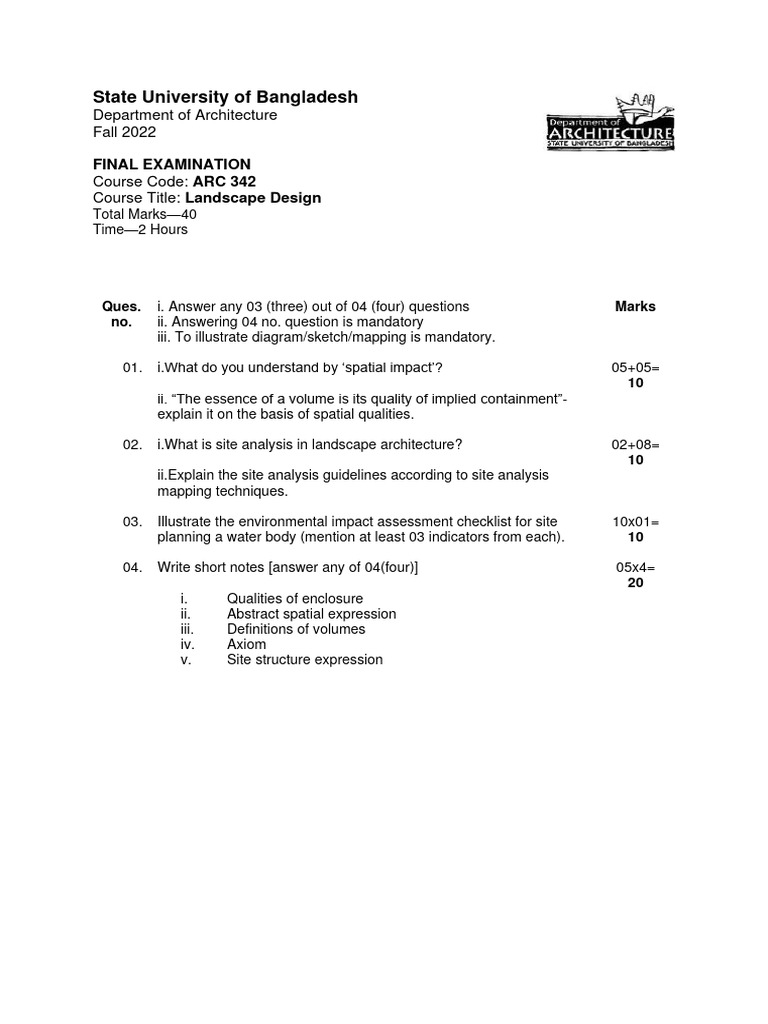 FINAL Exam Question Landscape Design ARC 342 Fall 2022 | PDF