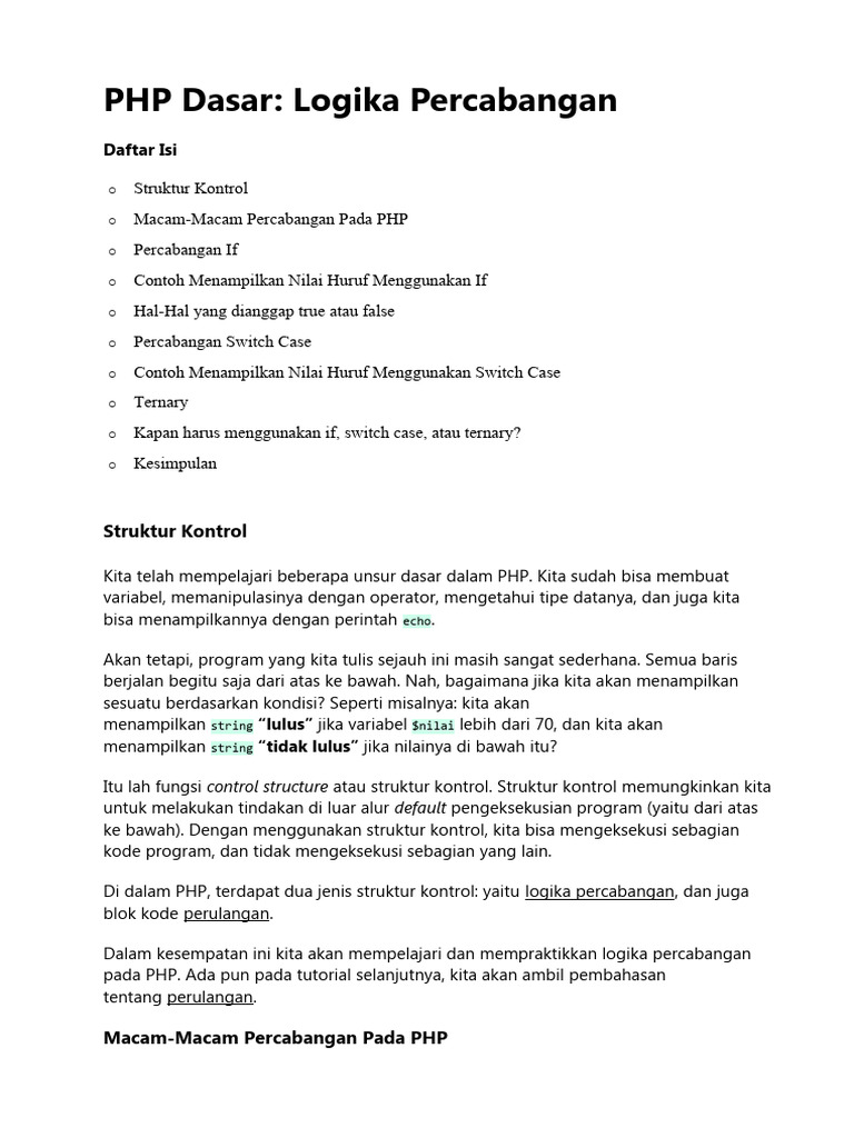 PHP Dasar Logika Percabangan | PDF