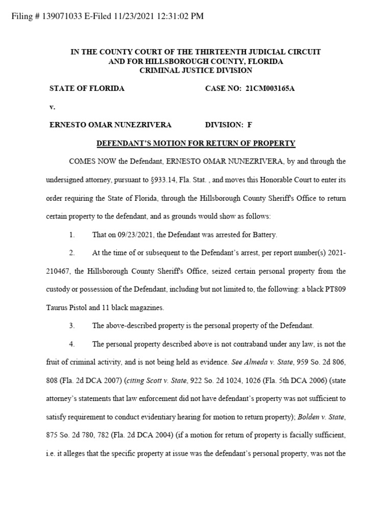 Motion To Return Property | PDF | Criminal Justice | Crime & Violence
