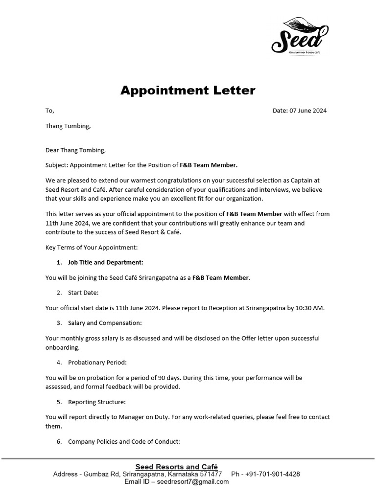 Appointment Letter for F&B Team Member | PDF