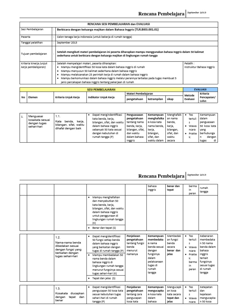 Form - Rencana Sesi Pembelajaran Dan Penilaian - BHS Ingg 01 - Ok Et | PDF