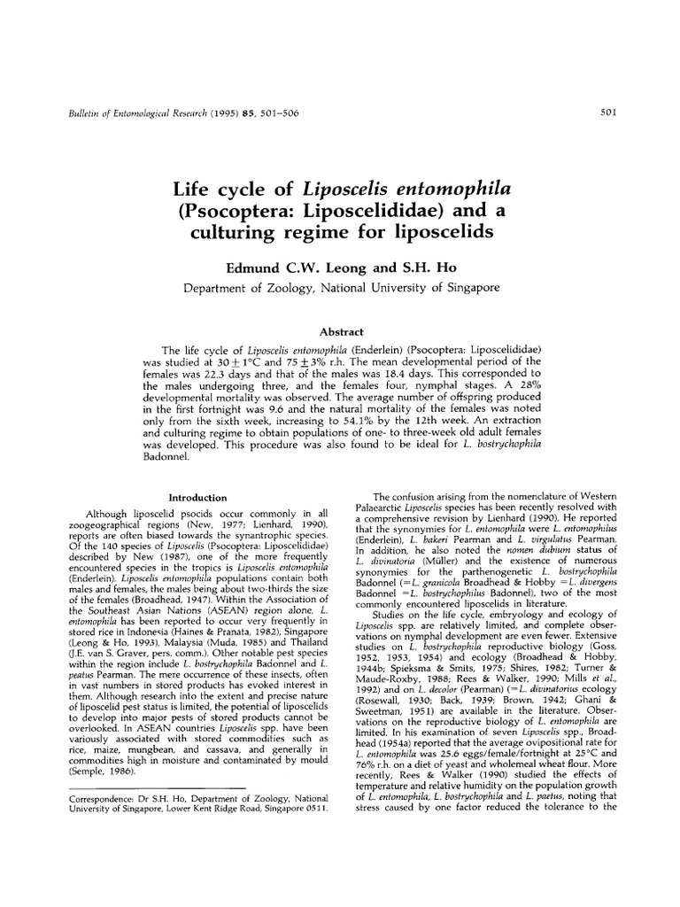 Life Cycle of Liposcelis Entomophila (Psocoptera: Liposcelididae) and A ...