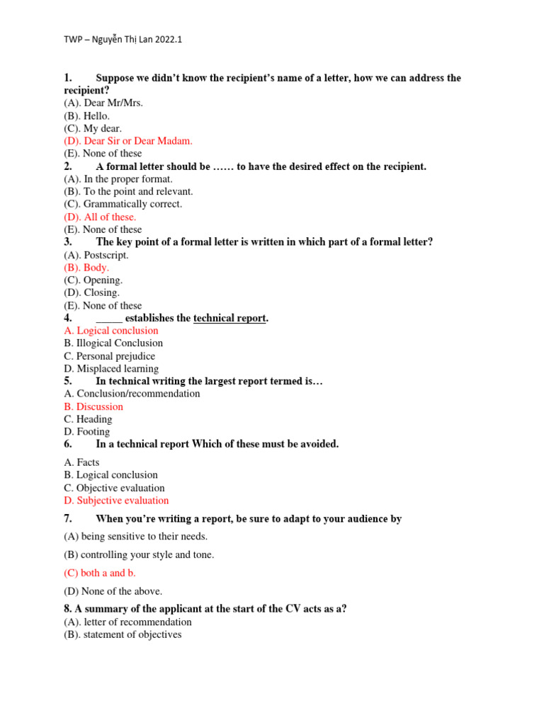 Multichoise Question T NG H P 1 | PDF | Proofreading | Reason